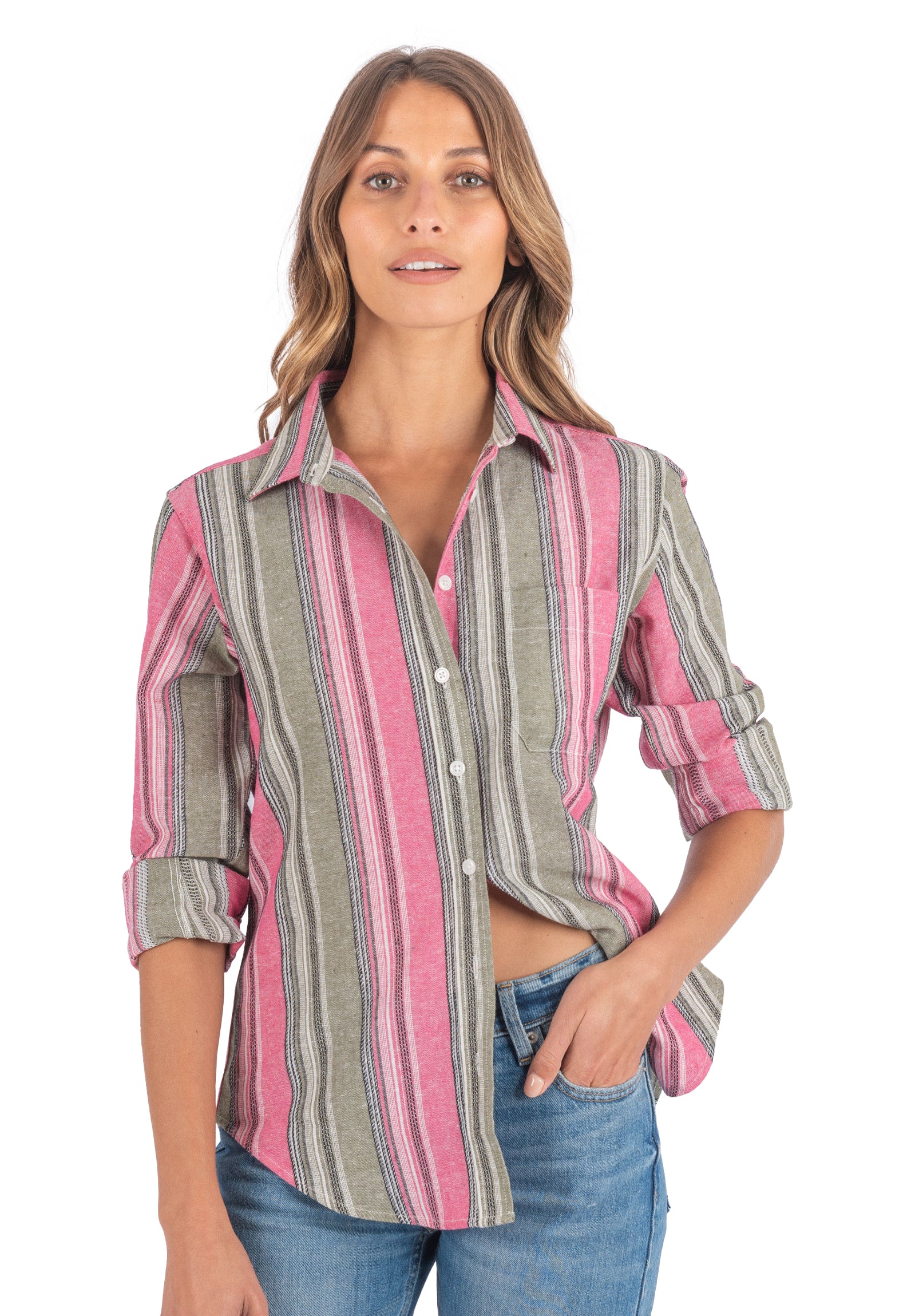 Iris Pink and Green Stripes Classic Fit Linen Shirt – CAMIXA