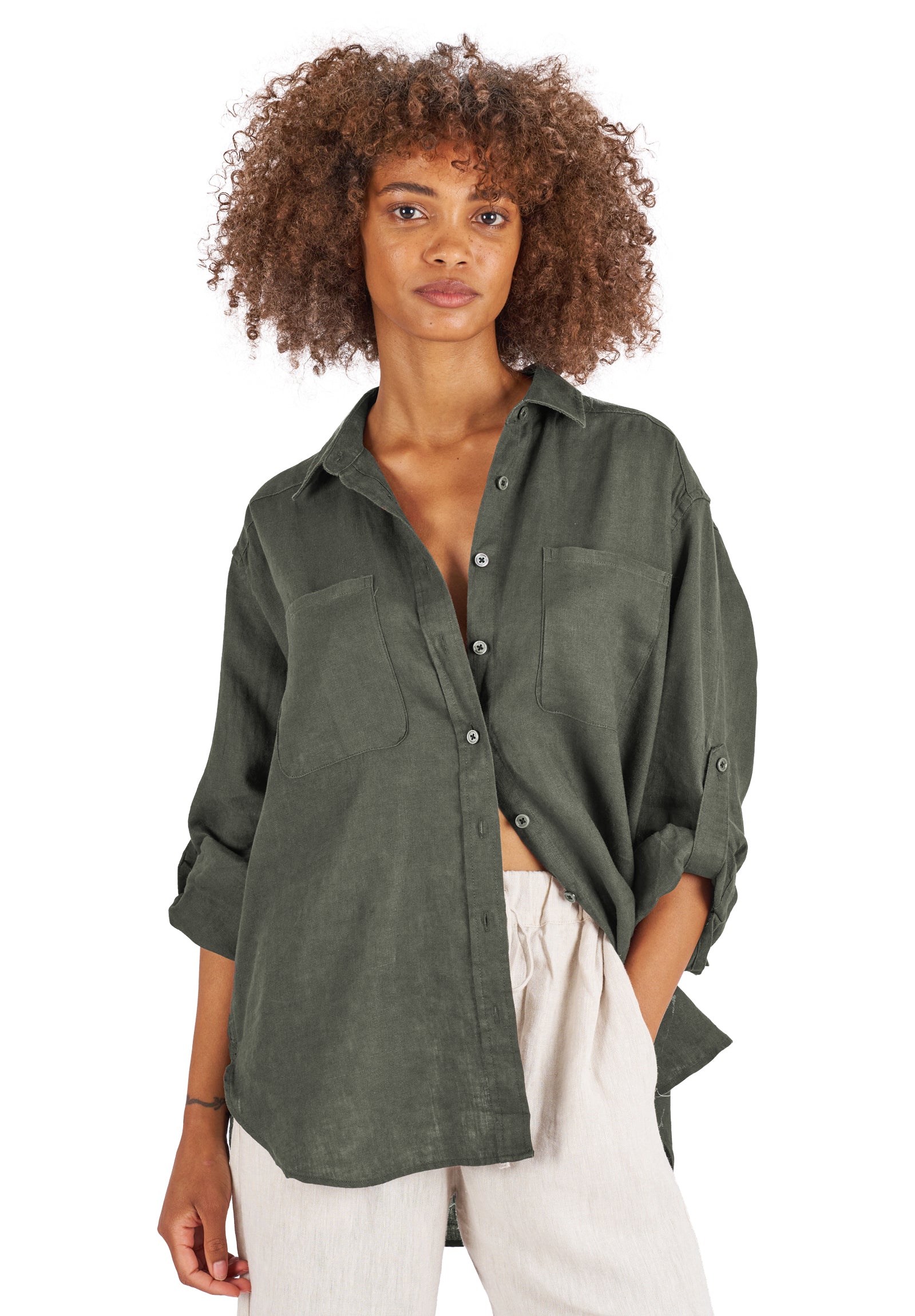 Luna Olive Green Oversized Linen Shirt with Pockets – CAMIXA