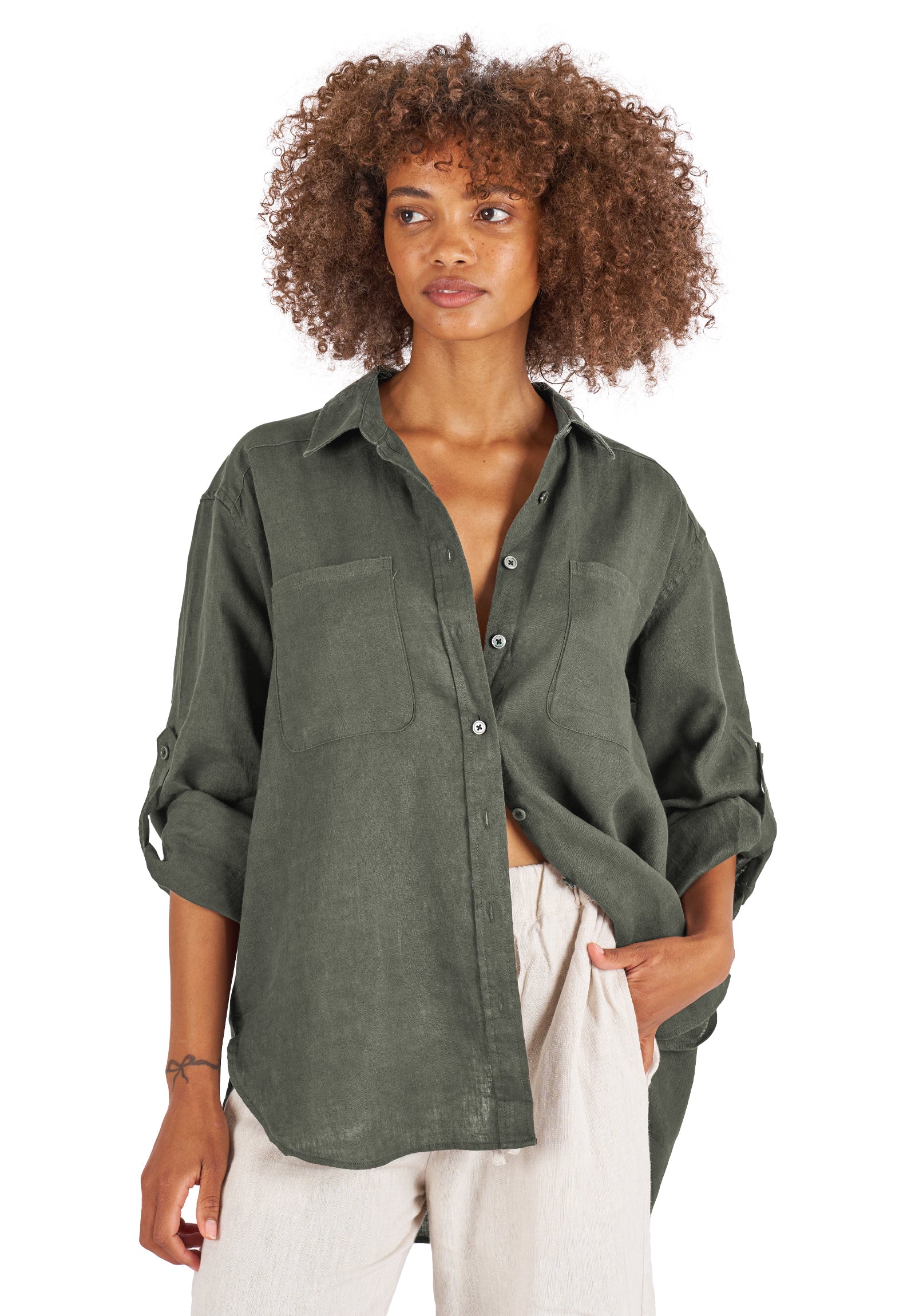 Luna Olive Green Oversized Linen Shirt with Pockets – CAMIXA