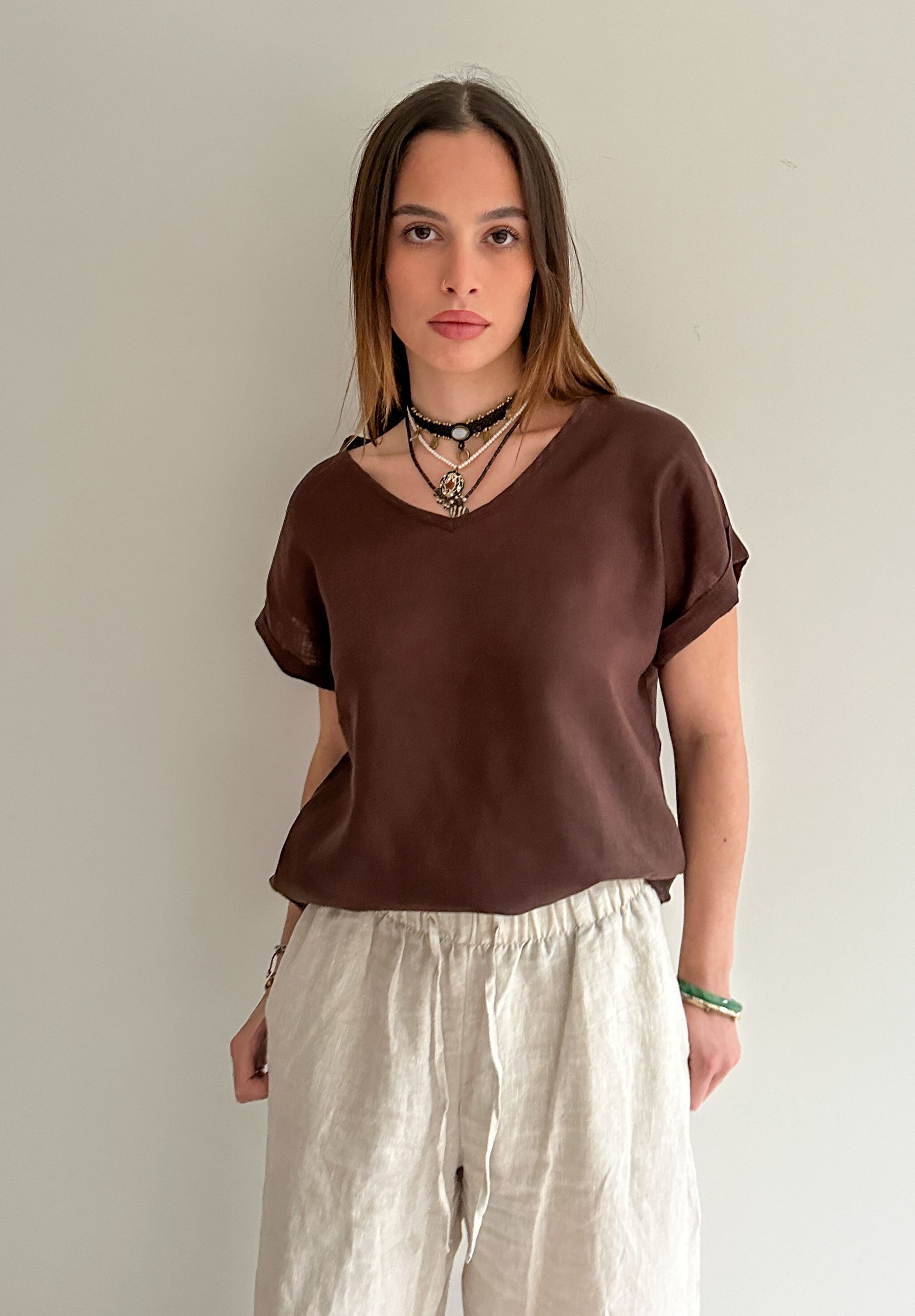 Martina Dark Chocolate Sand Washed Linen T-Shirt – CAMIXA