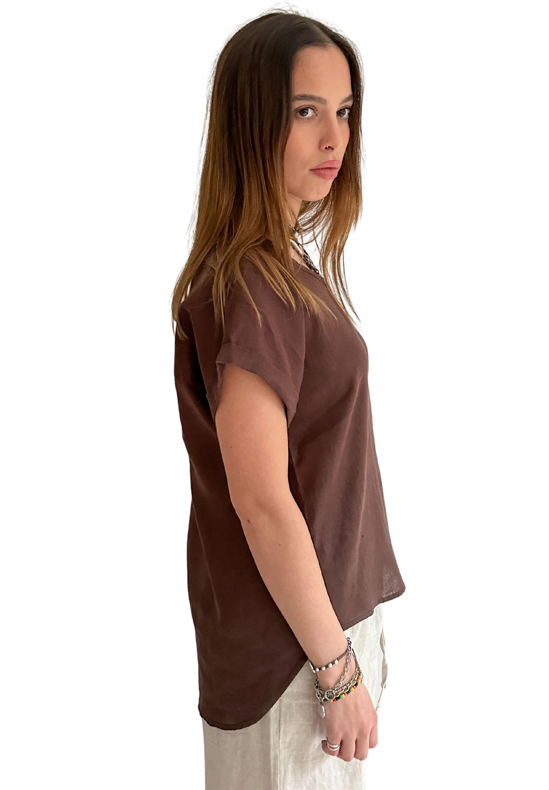 Martina Dark Chocolate Sand Washed Linen T-Shirt – CAMIXA