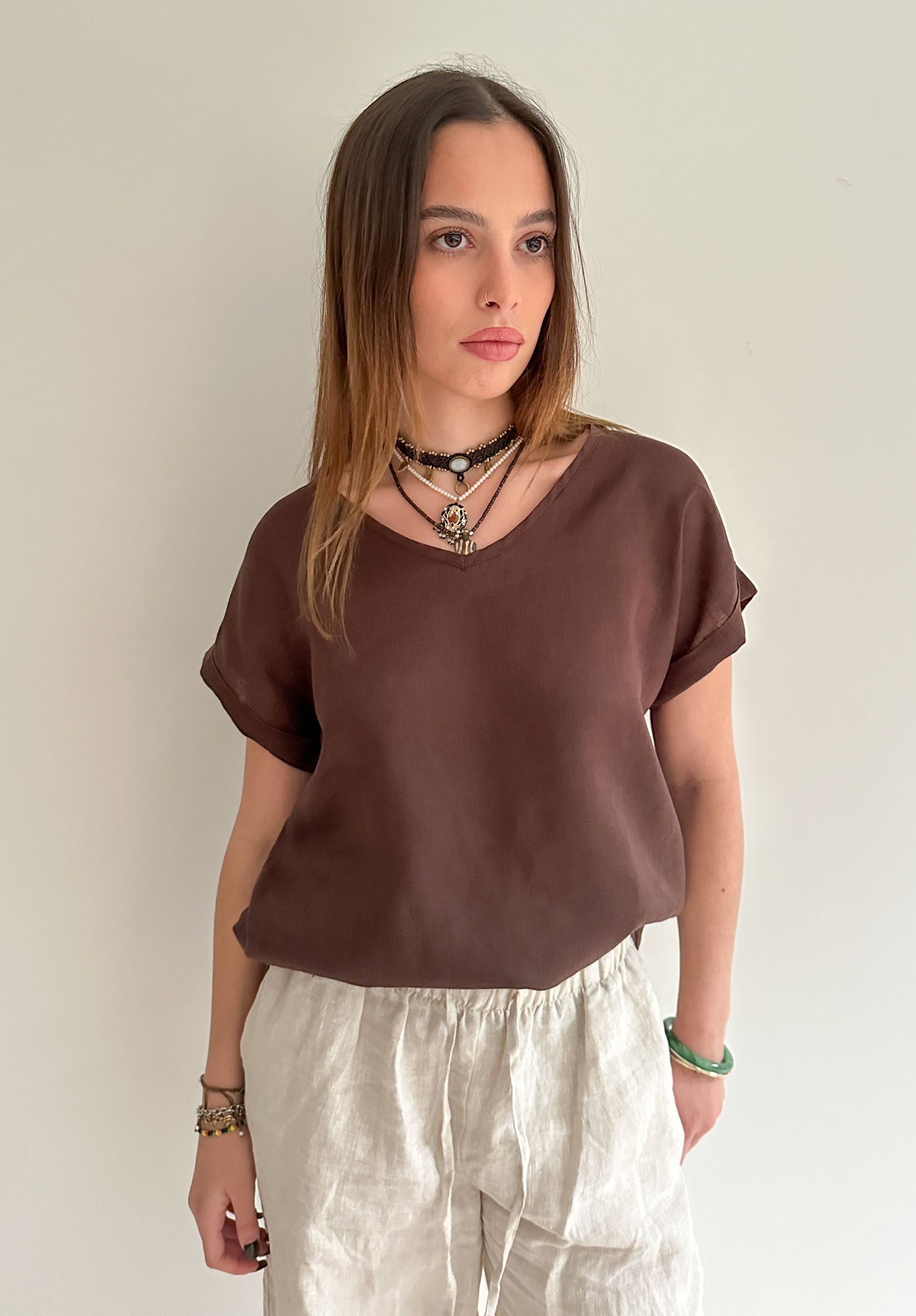 Martina Dark Chocolate Sand Washed Linen T-Shirt – CAMIXA