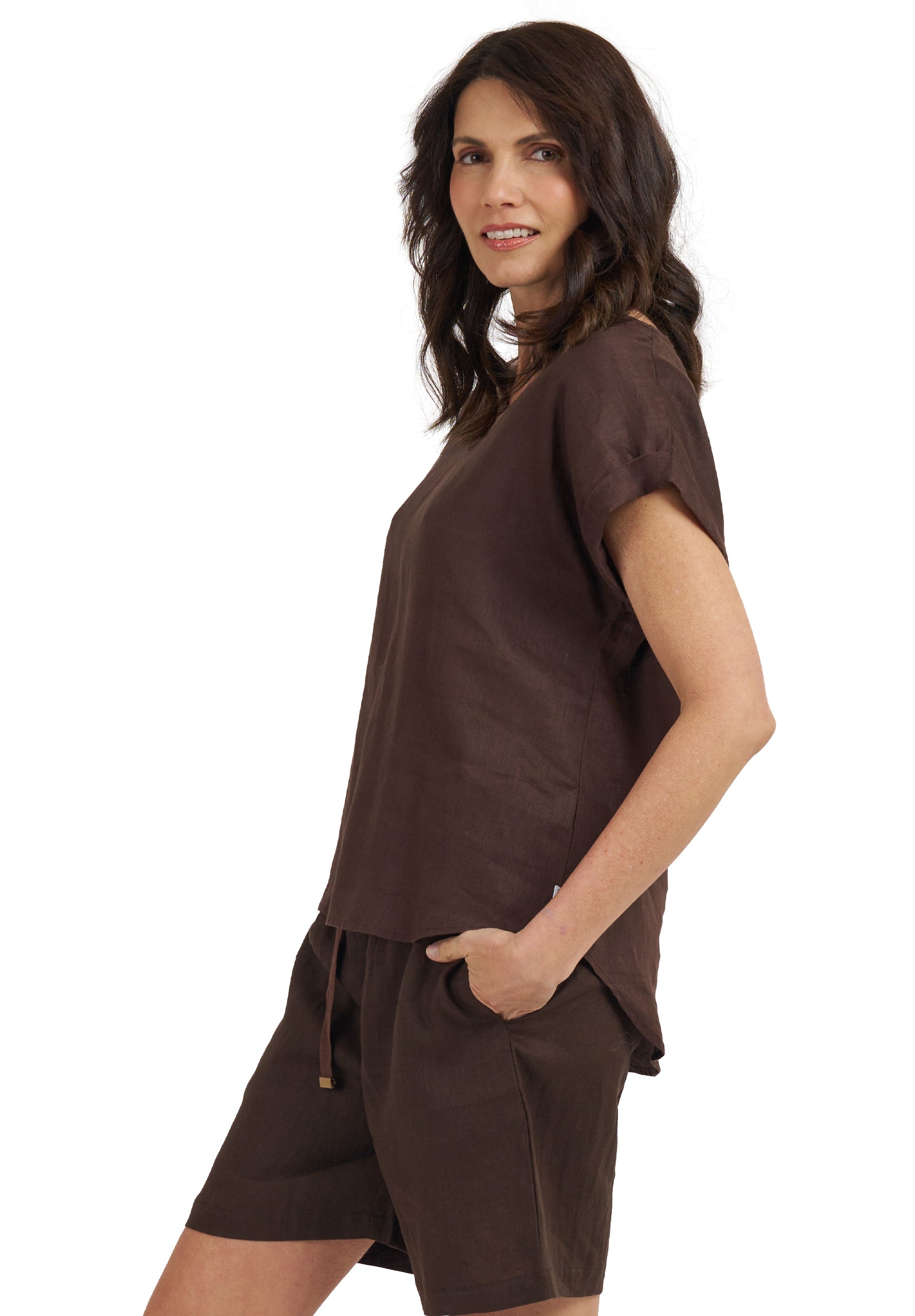 Martina Dark Chocolate Sand Washed Linen T-Shirt – CAMIXA
