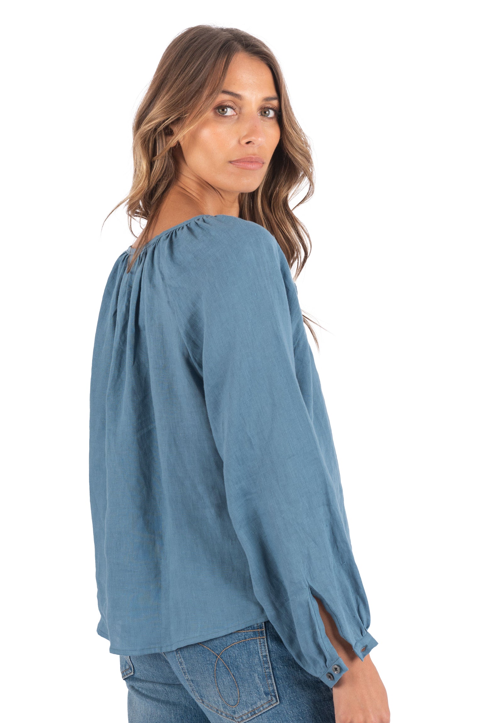 Poem Dusk Blue Peasant Linen Blouse – CAMIXA