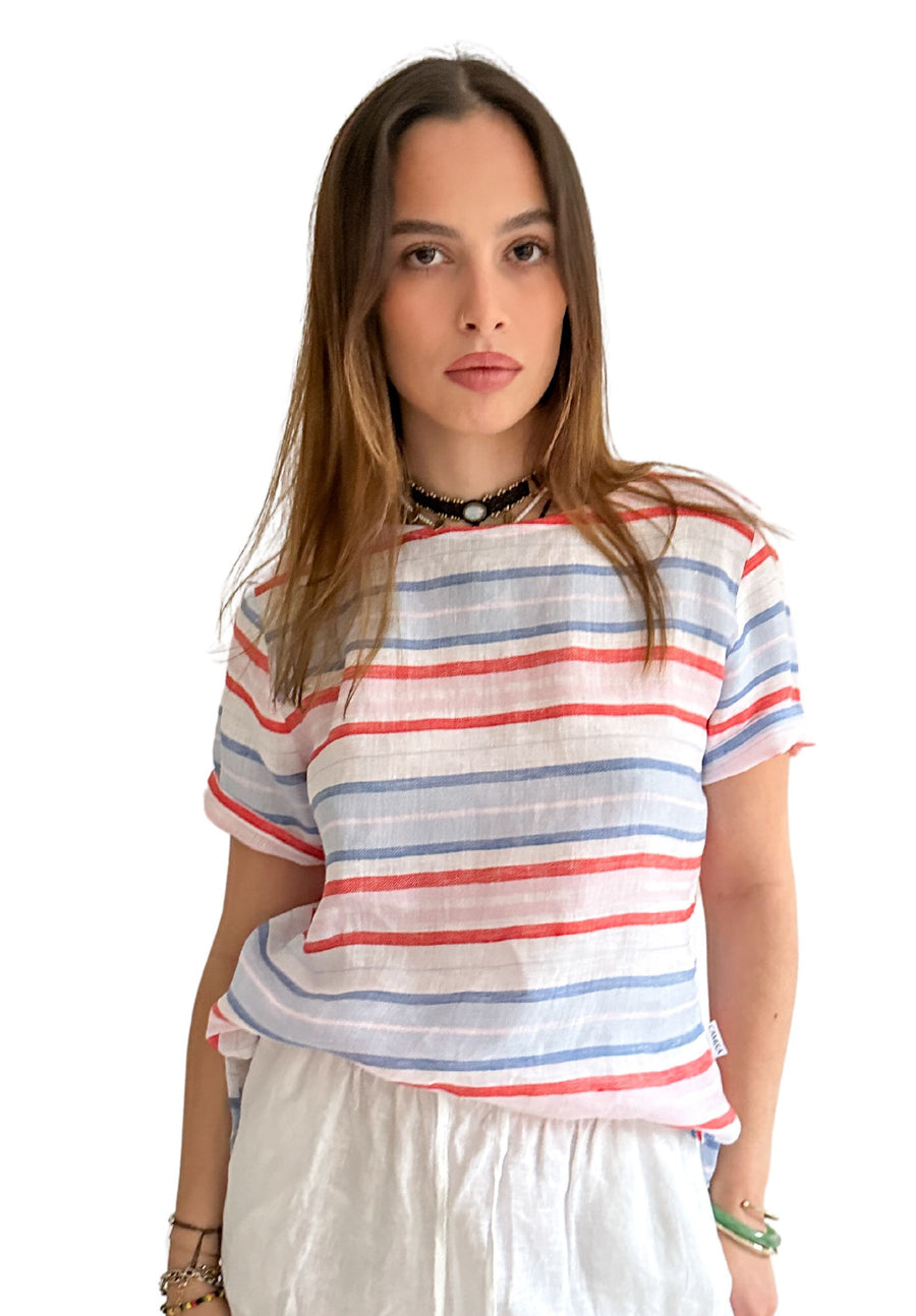 Teena-Linen Multi Stripes T-Shirt - Red Blue White – CAMIXA