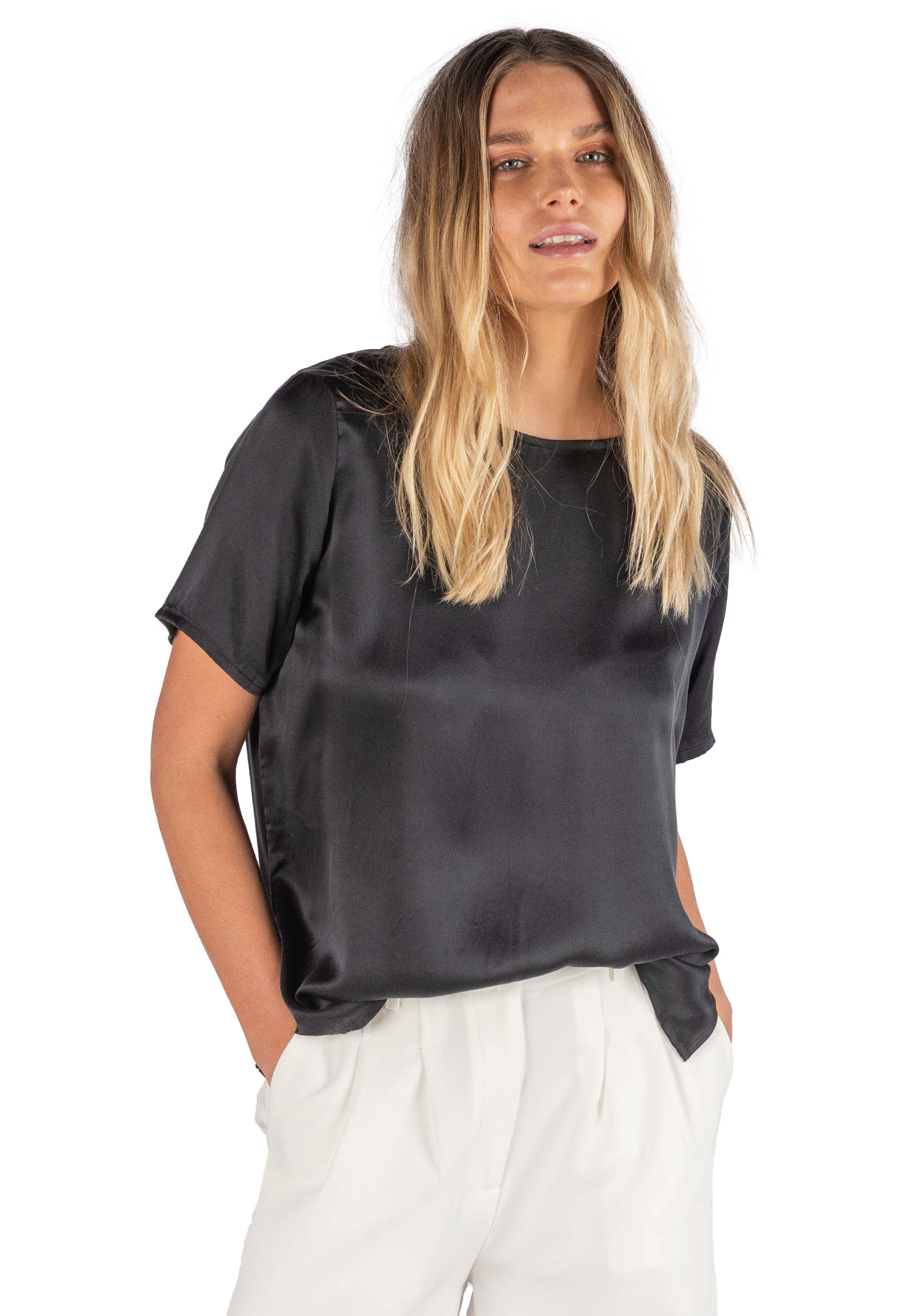 Teena-Satin Black 100% Silk T-Shirt – CAMIXA